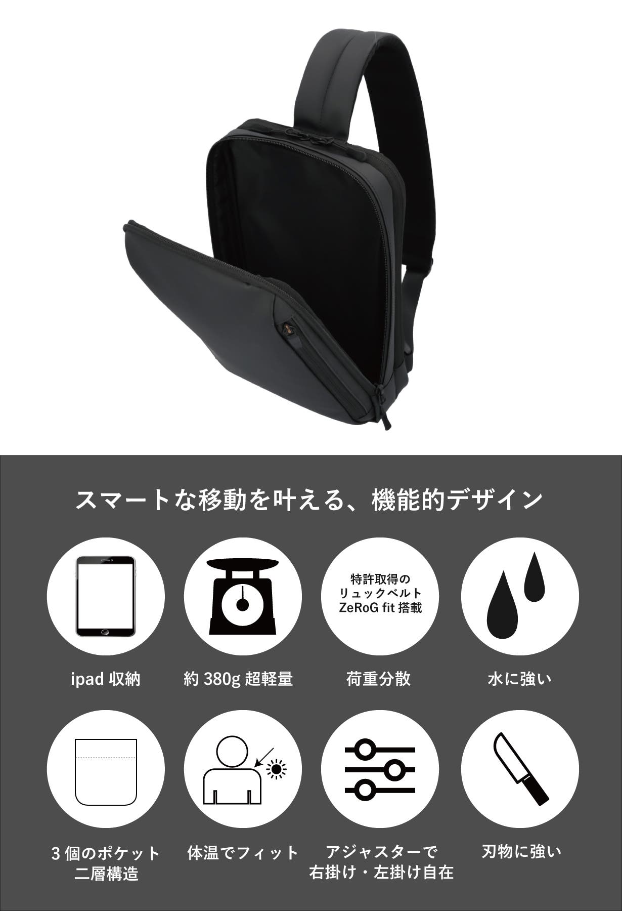 iPadも入ってスマートで大容量。快適な移動体験が叶うボディバッグ｜RAIZON｜マクアケ - アタラシイものや体験の応援購入サービス