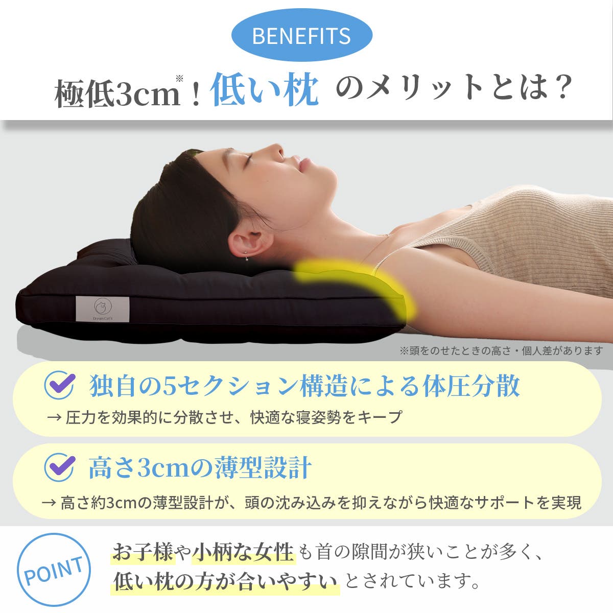 寝心地革命！人間工学に基づく首肩サポート「極薄3cm睡眠枕」DreamCat's｜マクアケ - アタラシイものや体験の応援購入サービス